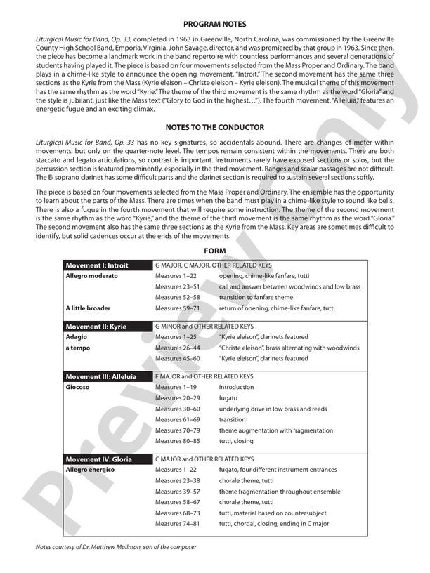 Liturgical Music for Band, Op. 33: Concert Band Conductor Score & Parts ...