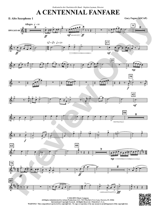 Centennial Fanfare: 1st E-flat Alto Saxophone: 1st E-flat Alto Saxophone Part: Gary Fagan ...