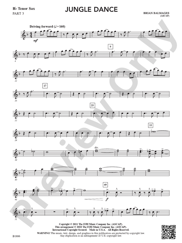 Jungle Dance: Part 3 - B-flat Tenor Sax: Part 3 - B-flat Tenor Sax Part: Brian Balmages ...