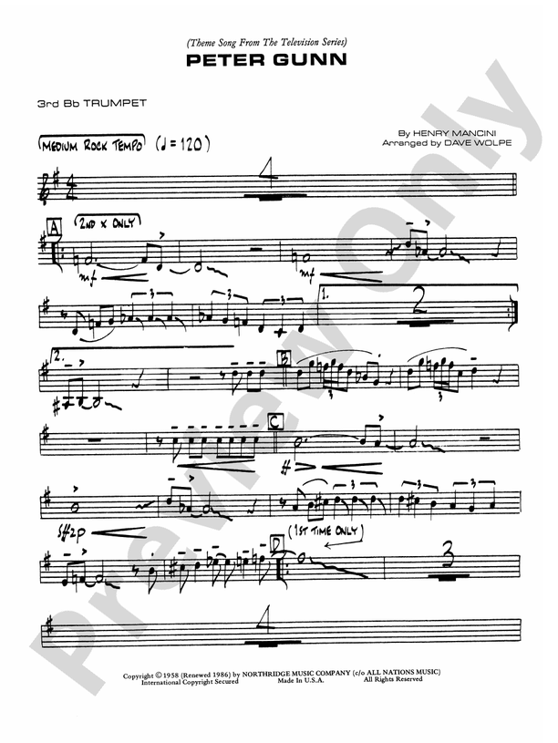 Peter Gunn: 3rd B-flat Trumpet: 3rd B-flat Trumpet Part - Digital Sheet ...