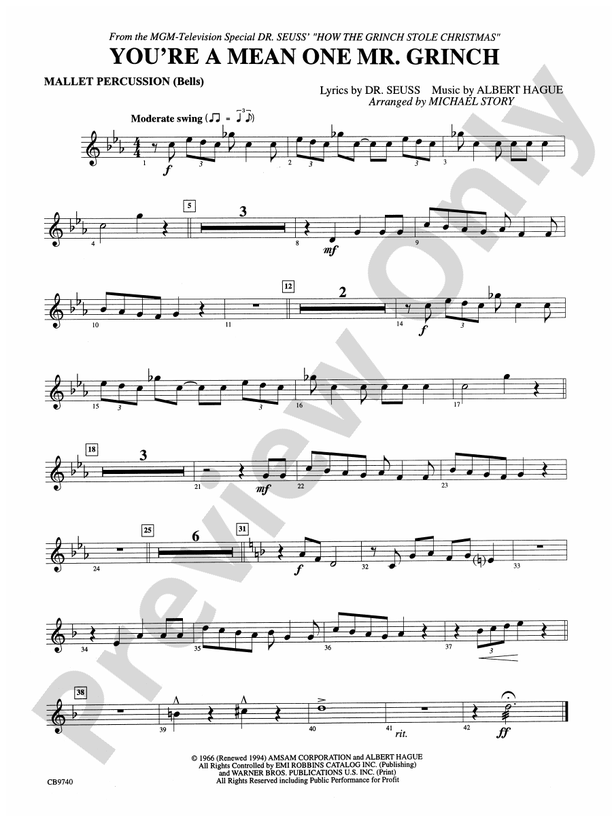 You're a Mean One, Mr. Grinch: Mallets: Mallets Part - Digital Sheet ...