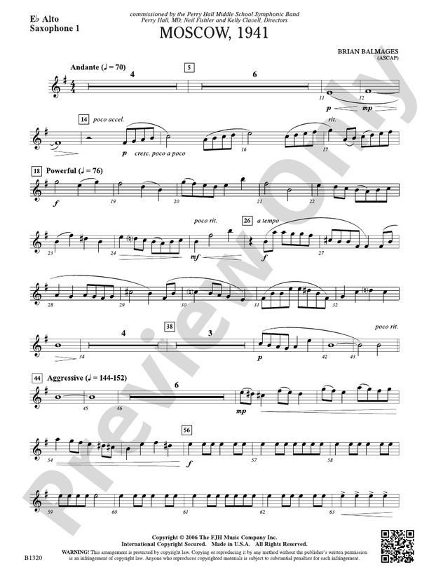 Moscow, 1941: E-flat Alto Saxophone 1: E-flat Alto Saxophone 1 Part: Brian Balmages - Digital ...