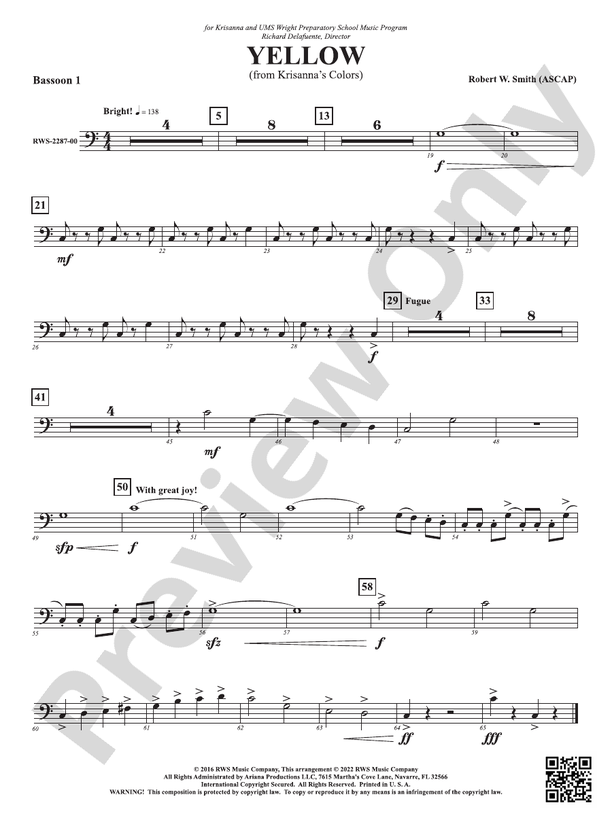 Yellow - From Krisanna's Colors: Bassoon: Bassoon Part: Robert W. Smith ...