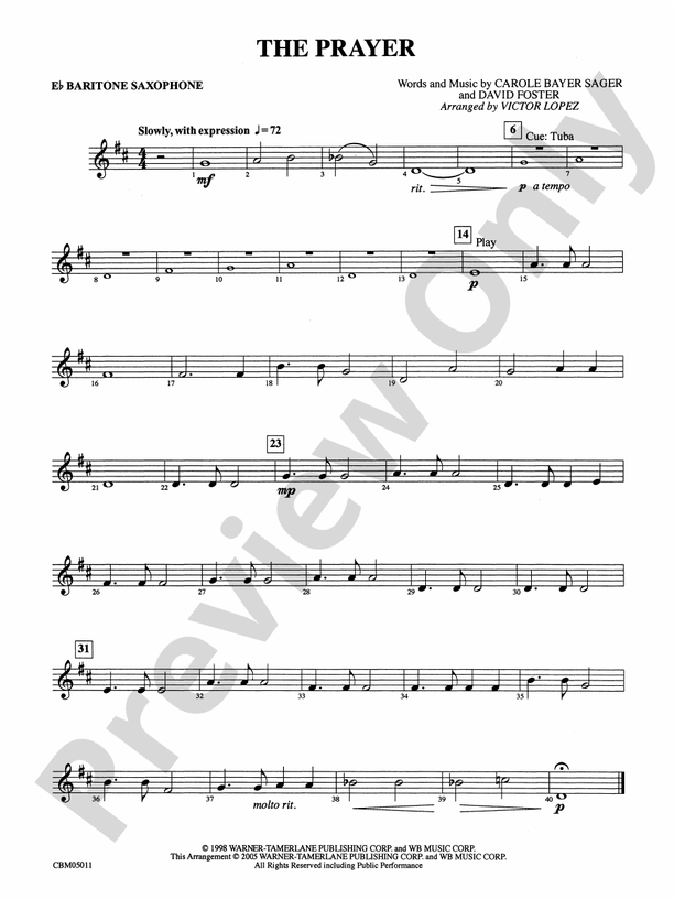The Prayer: E-flat Baritone Saxophone: E-flat Baritone Saxophone Part - Digital Sheet Music Download