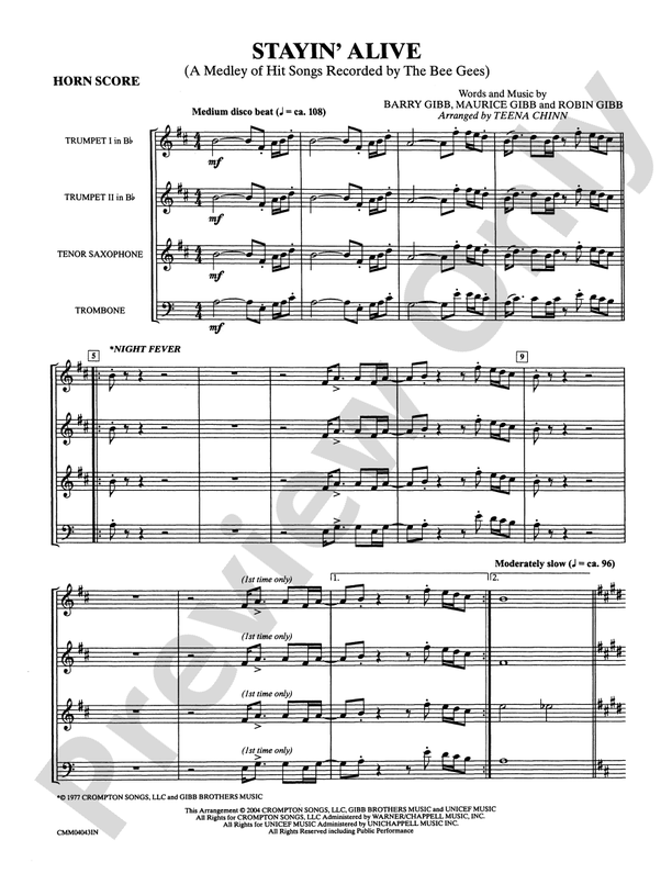 Stayin' Alive (A Medley of Hit Songs Recorded by the Bee Gees): Choral Instrumental Parts: Barry ...