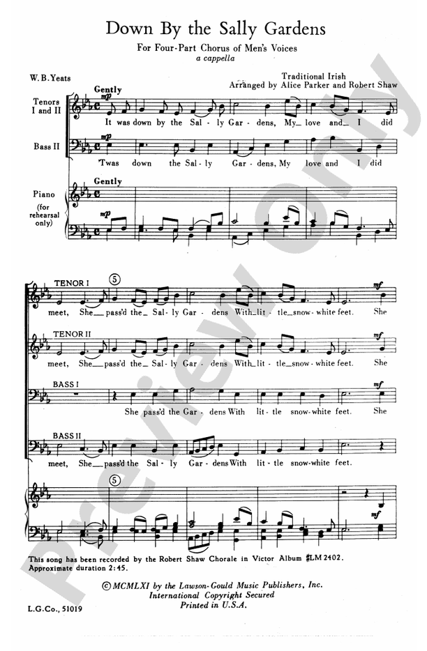 Down By The Sally Gardens Ttbb Choral Octavo Digital Sheet Music