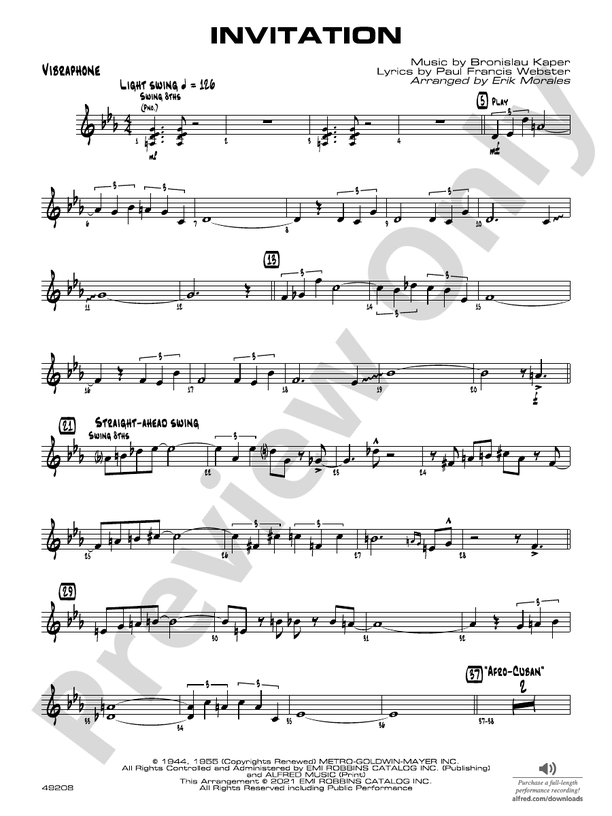 Invitation: Vibraphone: Vibraphone Part - Digital Sheet Music Download