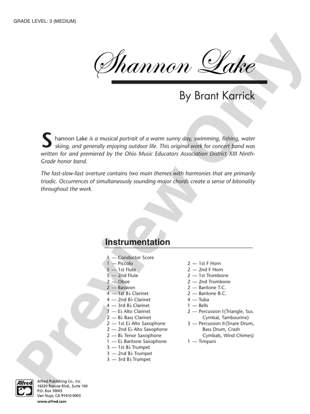 Shannon Lake: Concert Band Conductor Score & Parts: Brant Karrick ...