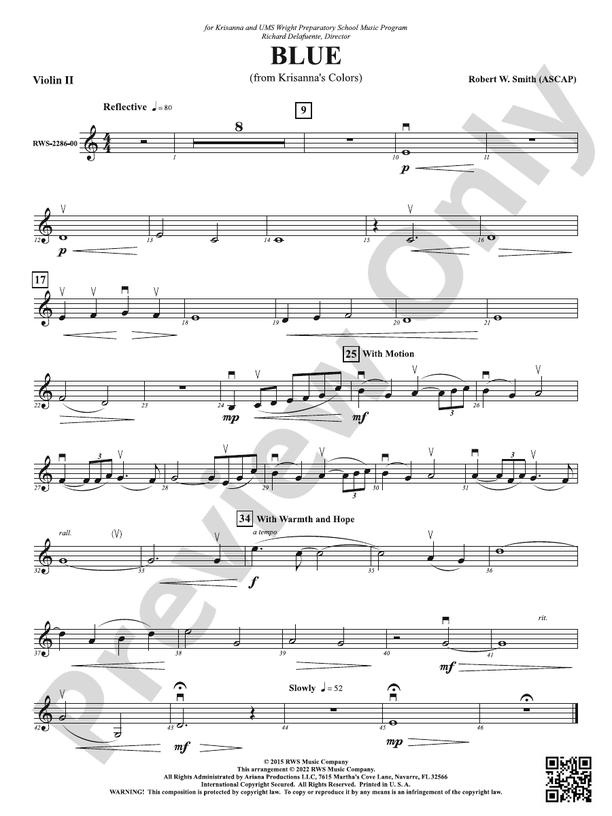 Blue - From Krisanna's Colors: 2nd Violin: 2nd Violin Part: Robert W. Smith - Digital Sheet ...