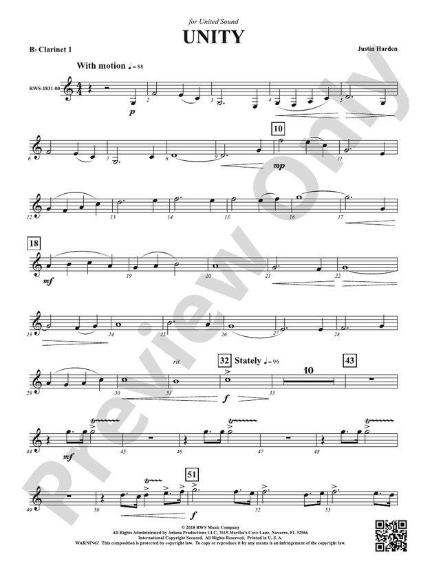 Unity: 1st B-flat Clarinet: 1st B-flat Clarinet Part: Justin Harden - Digital Sheet Music Download