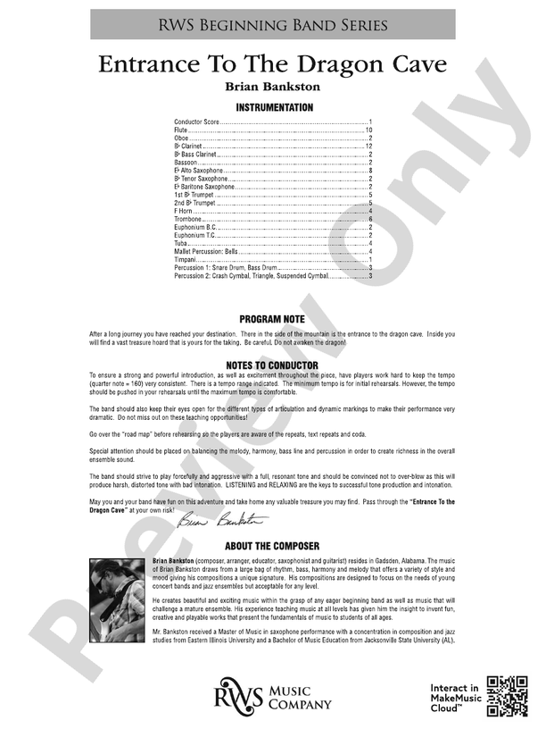 Entrance to the Dragon Cave: Concert Band Conductor Score & Parts ...