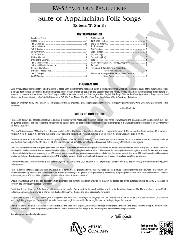 Suite of Appalachian Folk Songs: Concert Band Conductor Score & Parts ...