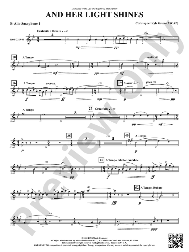 And Her Light Shines: 1st E-flat Alto Saxophone: 1st E-flat Alto Saxophone Part: Christopher ...