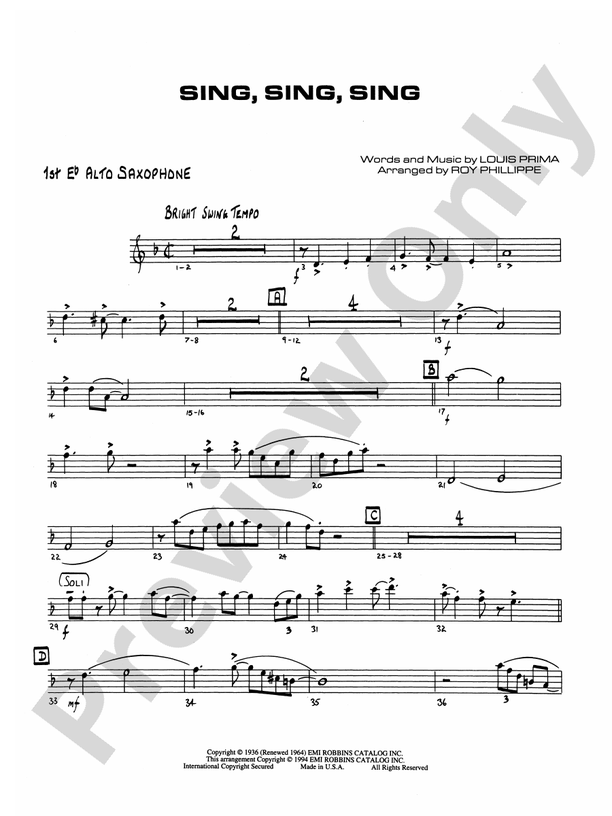 Sing, Sing, Sing: E-flat Alto Saxophone: E-flat Alto Saxophone Part - Digital Sheet Music Download