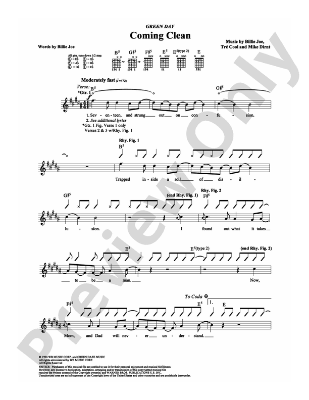 Coming Clean: Guitar TAB: Green Day - Digital Sheet Music Download