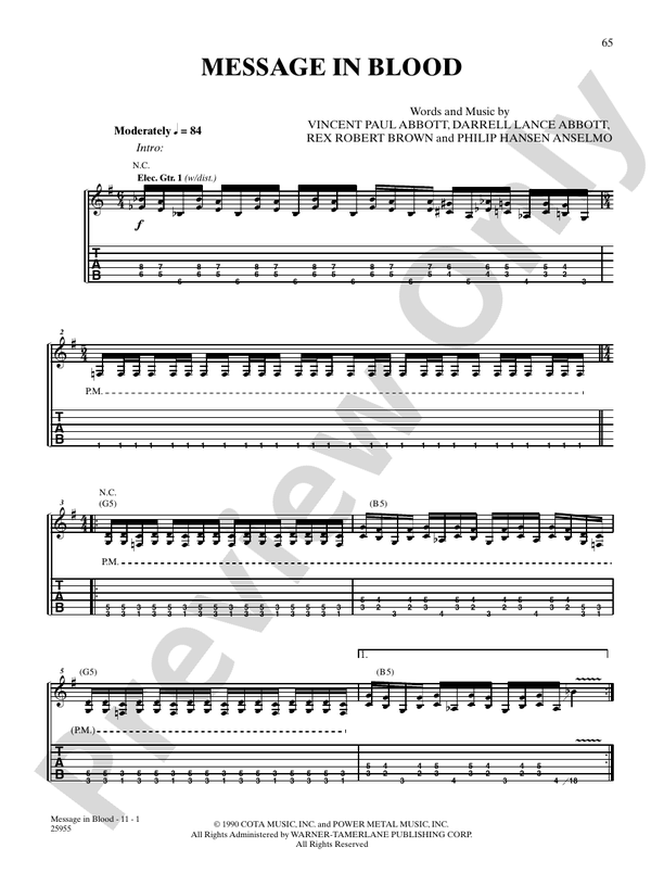 Message In Blood: Guitar: Pantera - Digital Sheet Music Download