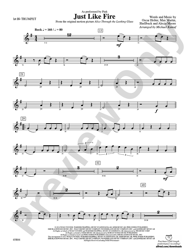 Just Like Fire: 1st B-flat Trumpet: 1st B-flat Trumpet Part - Digital ...