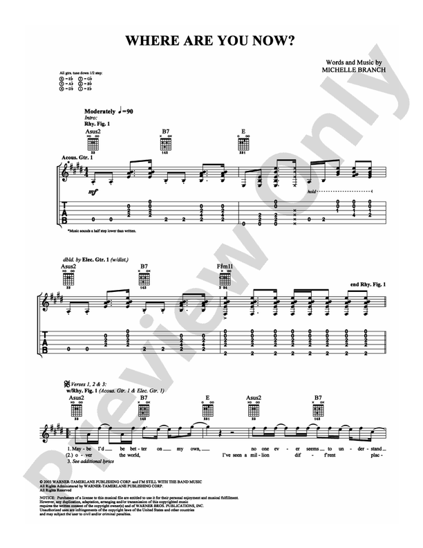 Where Are You Now?: Guitar TAB: Michelle Branch - Digital Sheet Music ...