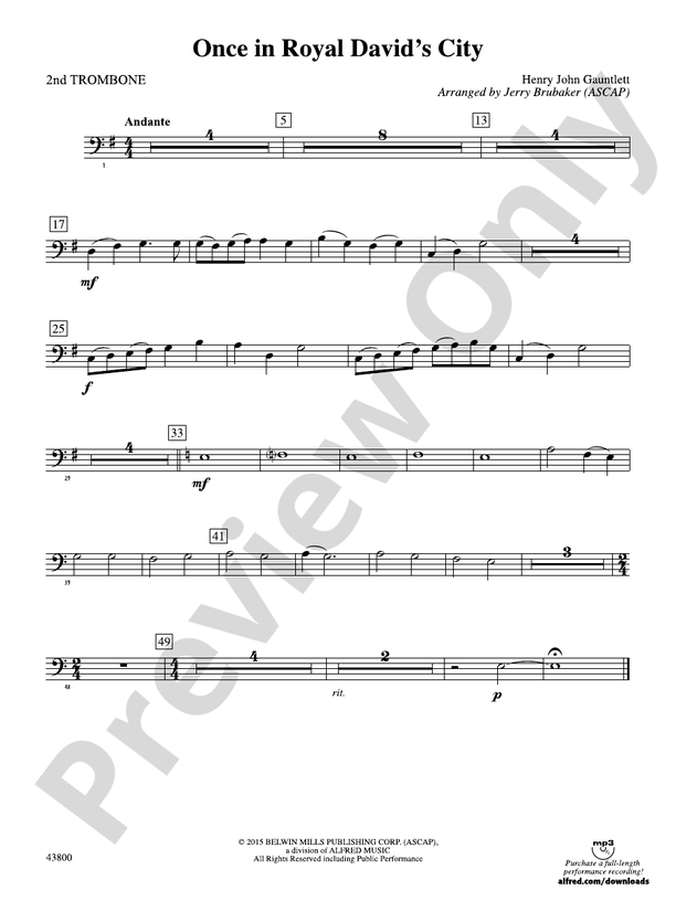 Once in Royal David's City: 2nd Trombone: 2nd Trombone Part - Digital ...