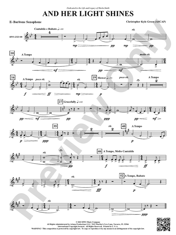 And Her Light Shines: E-flat Baritone Saxophone: E-flat Baritone Saxophone Part: Christopher ...