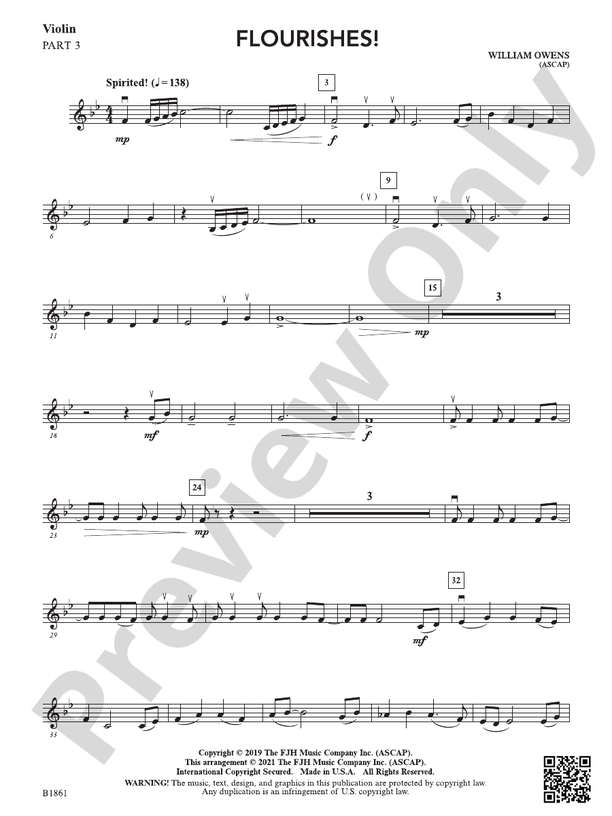 Flourishes!: Part 3 - Violin: Part 3 - Violin Part: William Owens - Digital Sheet Music Download