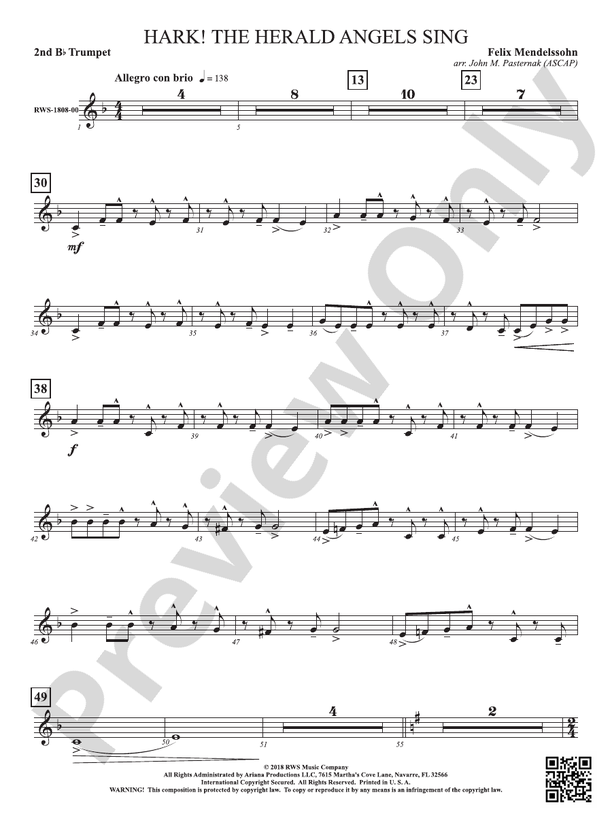 Hark! The Herald Angels Sing: 2nd B-flat Trumpet: 2nd B-flat Trumpet Part: Felix Mendelssohn ...