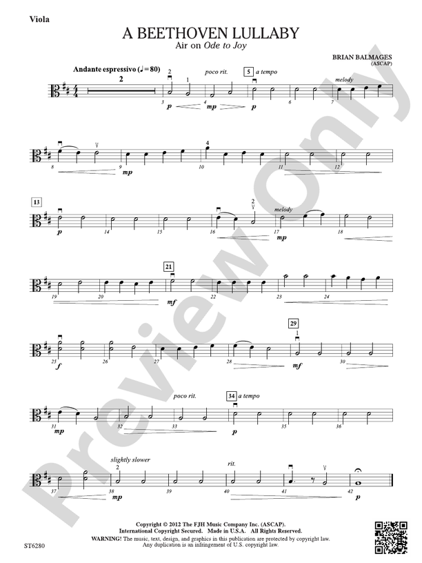 A Beethoven Lullaby: Viola: Viola Part: Brian Balmages - Digital Sheet ...