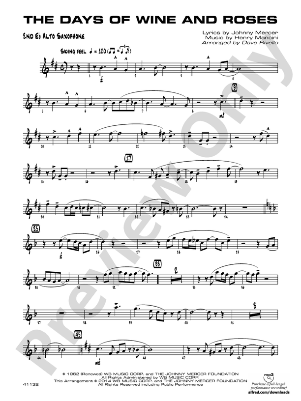 The Days Of Wine And Roses 2nd E Flat Alto Saxophone 2nd E Flat Alto