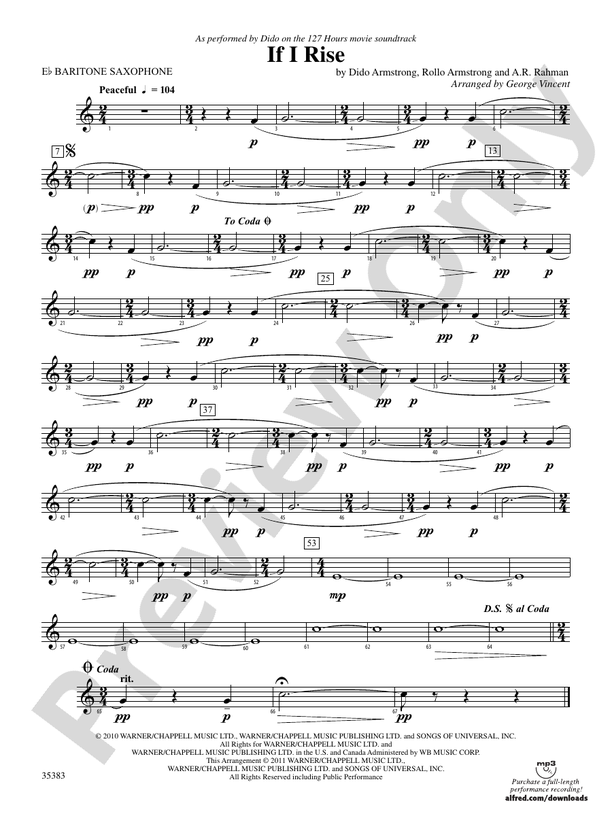 If I Rise: E-flat Baritone Saxophone: E-flat Baritone Saxophone Part - Digital Sheet Music Download