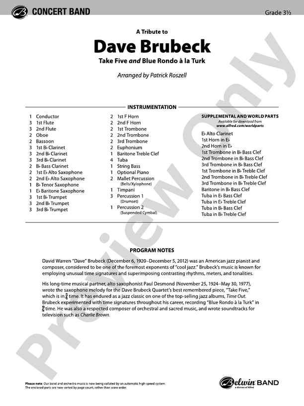 A Tribute to Dave Brubeck: Score: Concert Band Score - Digital Sheet ...