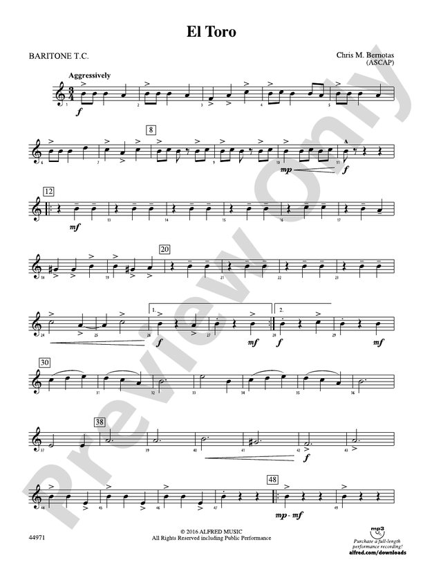 El Toro: Baritone T.C.: Baritone T.C. Part - Digital Sheet Music Download