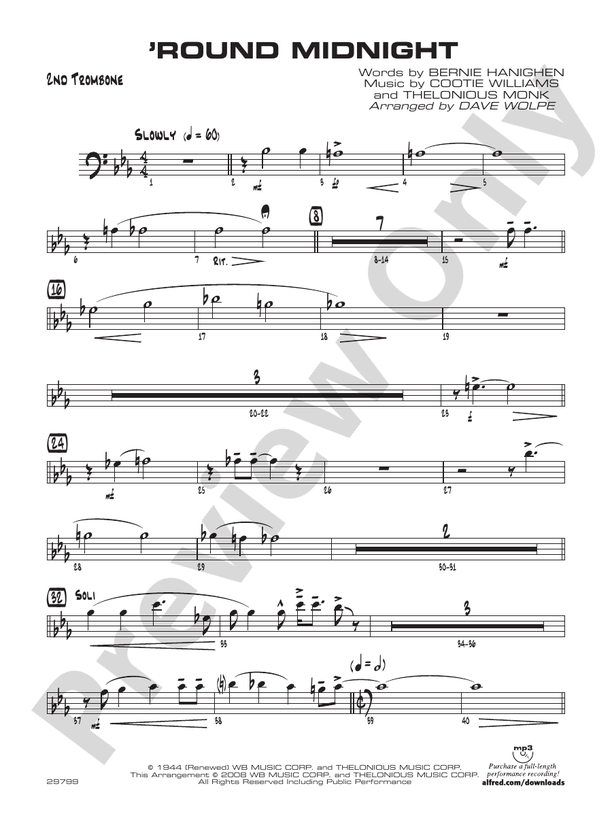 'Round Midnight: 2nd Trombone: 2nd Trombone Part - Digital Sheet Music Download
