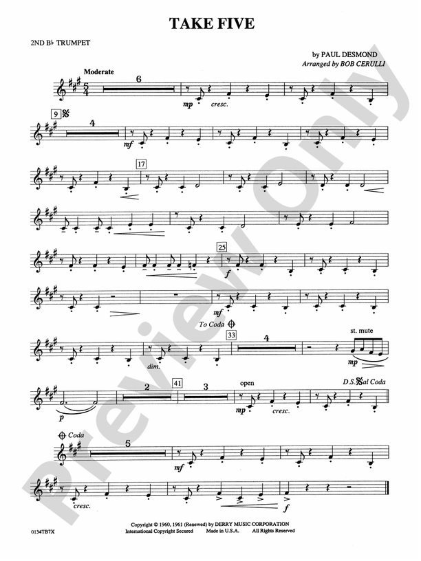 Take Five: 2nd B-flat Trumpet: 2nd B-flat Trumpet Part - Digital Sheet ...