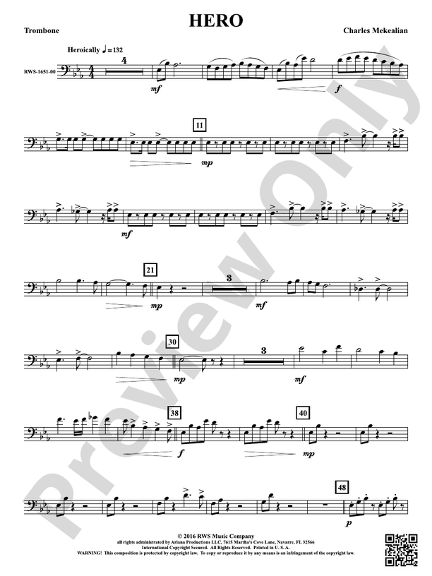 Hero - Brass Quintet: 1st Trombone: 1st Trombone Part: Charles ...