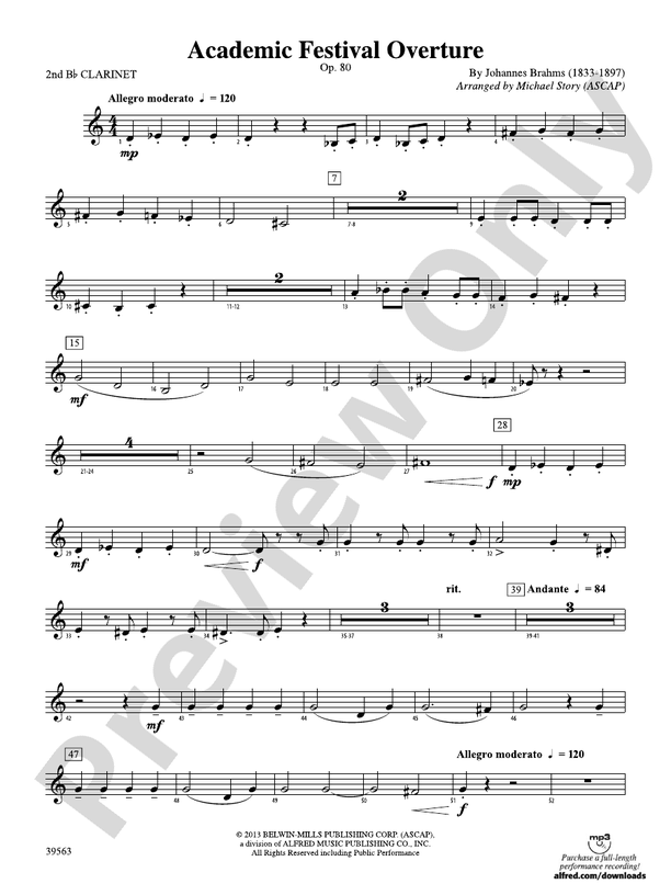 Academic Festival Overture: 2nd B-flat Clarinet: 2nd B-flat Clarinet Part - Digital Sheet Music ...