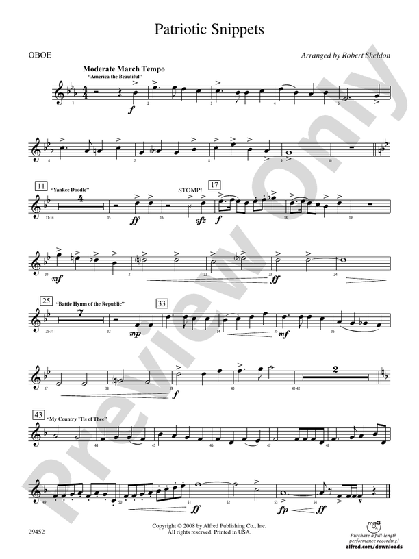 Patriotic Snippets: Oboe: Oboe Part - Digital Sheet Music Download