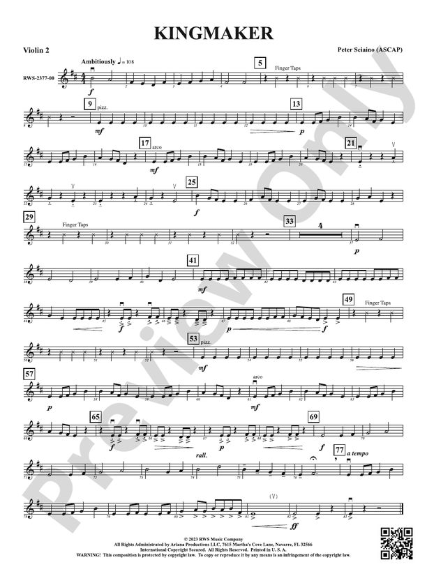 Kingmaker: 2nd Violin: 2nd Violin Part: Peter Sciaino - Digital Sheet Music Download