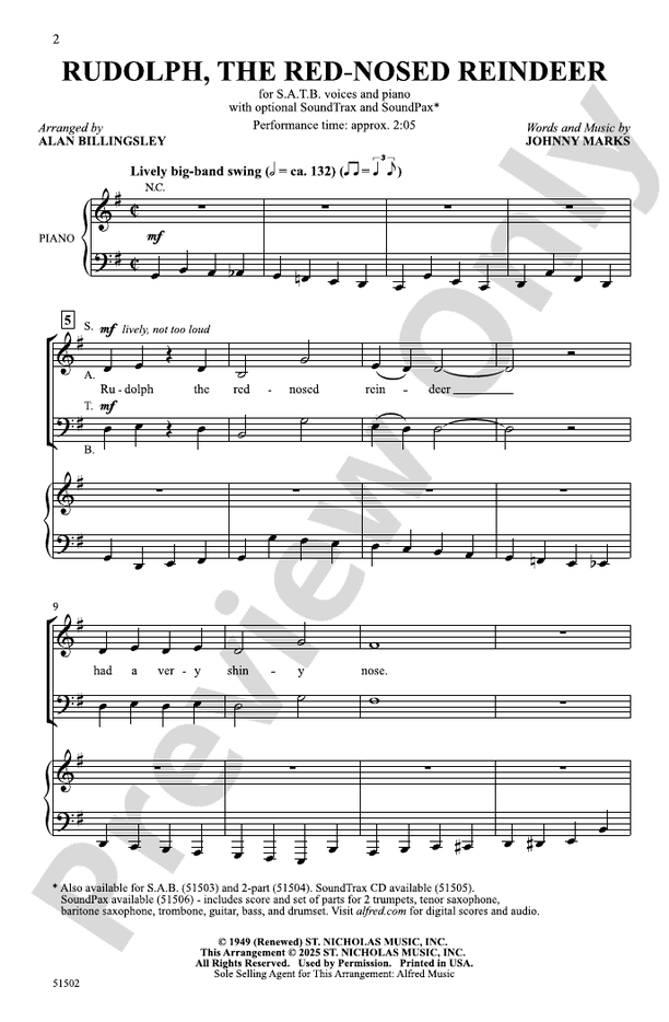 Rudolph, the Red-Nosed Reindeer: SATB Choral Octavo: Johnny Marks ...
