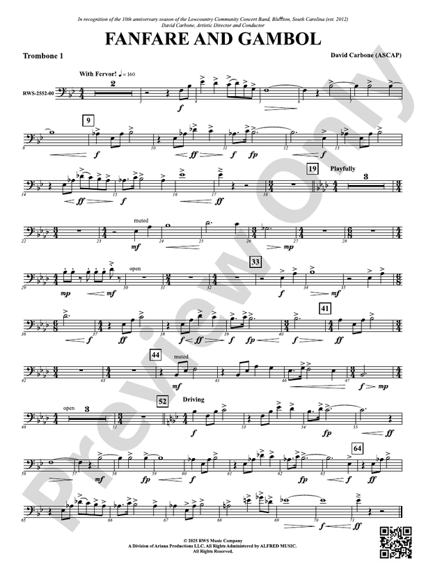 Fanfare And Gambol: 1st Trombone: 1st Trombone Part: David Carbone ...