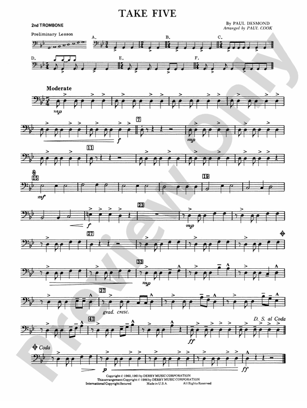 Take Five: 2nd Trombone: 2nd Trombone Part - Digital Sheet Music Download
