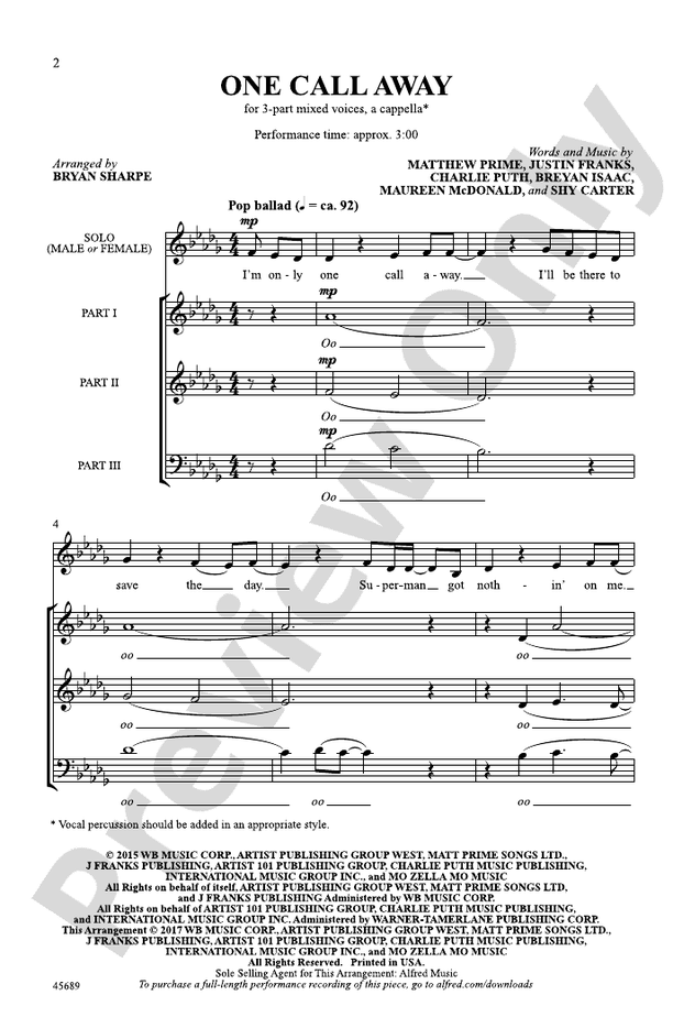 One Call Away: 3-Part Mixed, a cappella Choral Octavo: Maureen McDonald ...