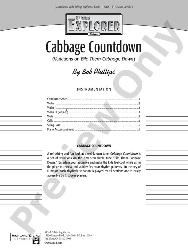 Cabbage Countdown: String Orchestra Conductor Score & Parts: Bob ...