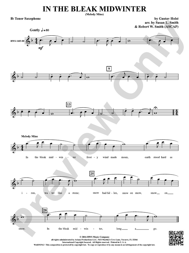 In the Bleak Midwinter: B-flat Tenor Saxophone: B-flat Tenor Saxophone ...