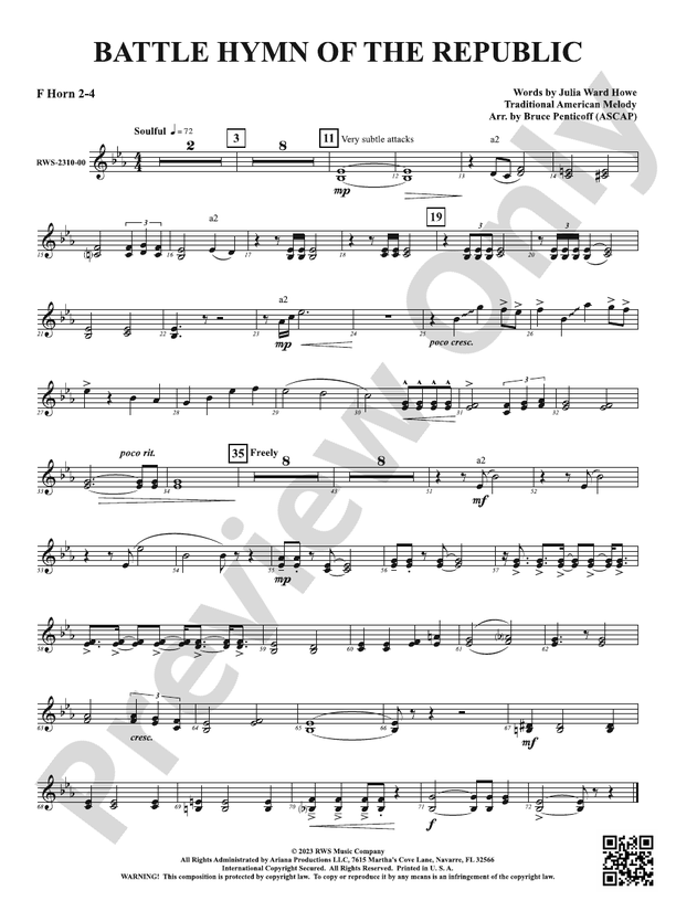 Battle Hymn of the Republic: 2nd & 4th F Horn: 2nd & 4th F Horn Part - Digital Sheet Music Download