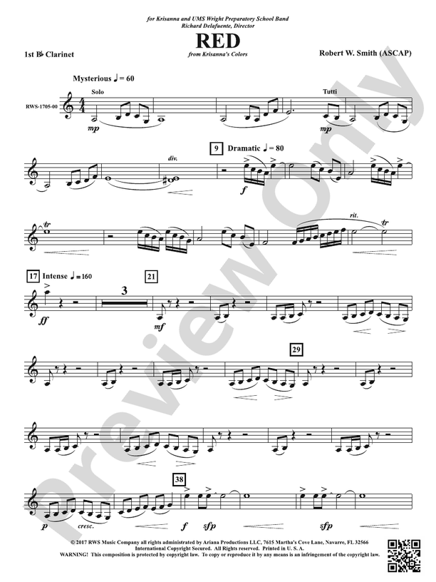 Red: 1st B-flat Clarinet: 1st B-flat Clarinet Part: Robert W. Smith - Digital Sheet Music Download