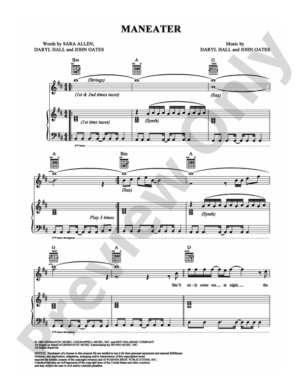 Maneater: Piano/Vocal/Chords: Hall and Oates - Digital Sheet Music Download