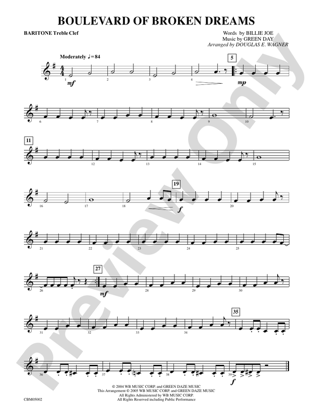 Boulevard of Broken Dreams: Baritone T.C.: Baritone T.C. Part - Digital ...