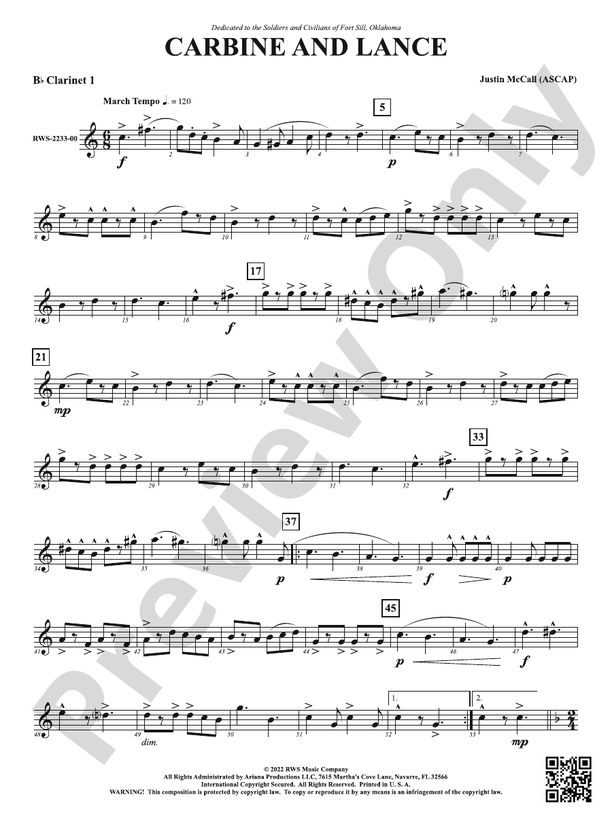 Carbine and Lance: 1st B-flat Clarinet: 1st B-flat Clarinet Part: Justin McCall - Digital Sheet ...