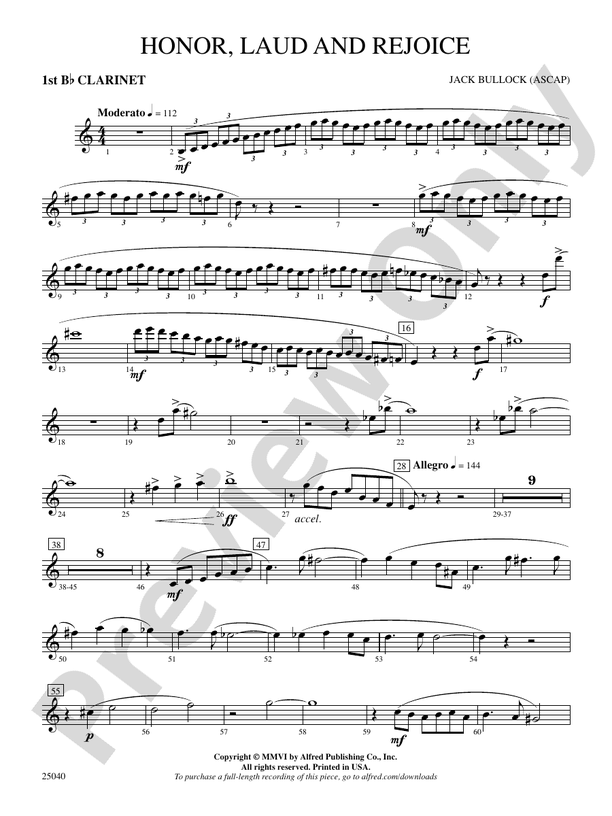 Honor, Laud and Rejoice: 1st B-flat Clarinet: 1st B-flat Clarinet Part - Digital Sheet Music ...