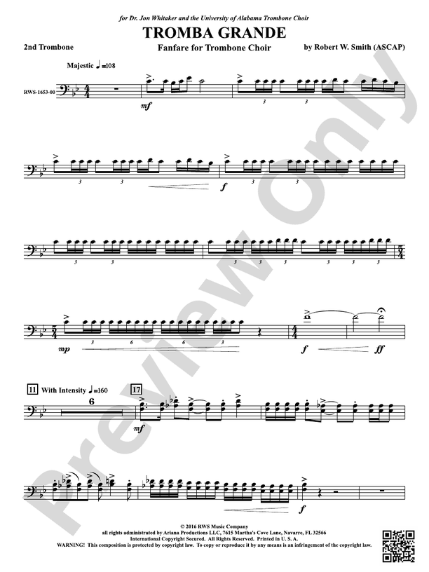 Tromba Grande - Fanfare for Trombone Choir: 2nd Trombone: 2nd Trombone Part: Robert W. Smith ...